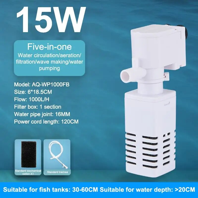 Бесшумный погружной фильтр-насос для аквариума 220V 15w