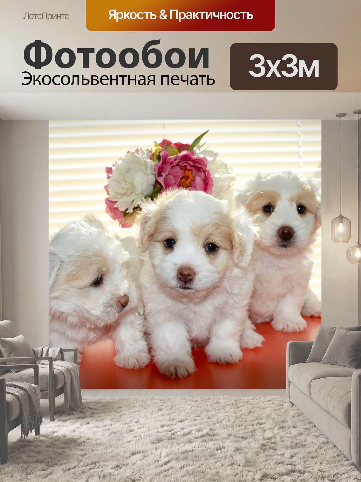 Фотообои "Щенки, собачка, хлопок тулиаре" 300x300 см. экосольвентная печать