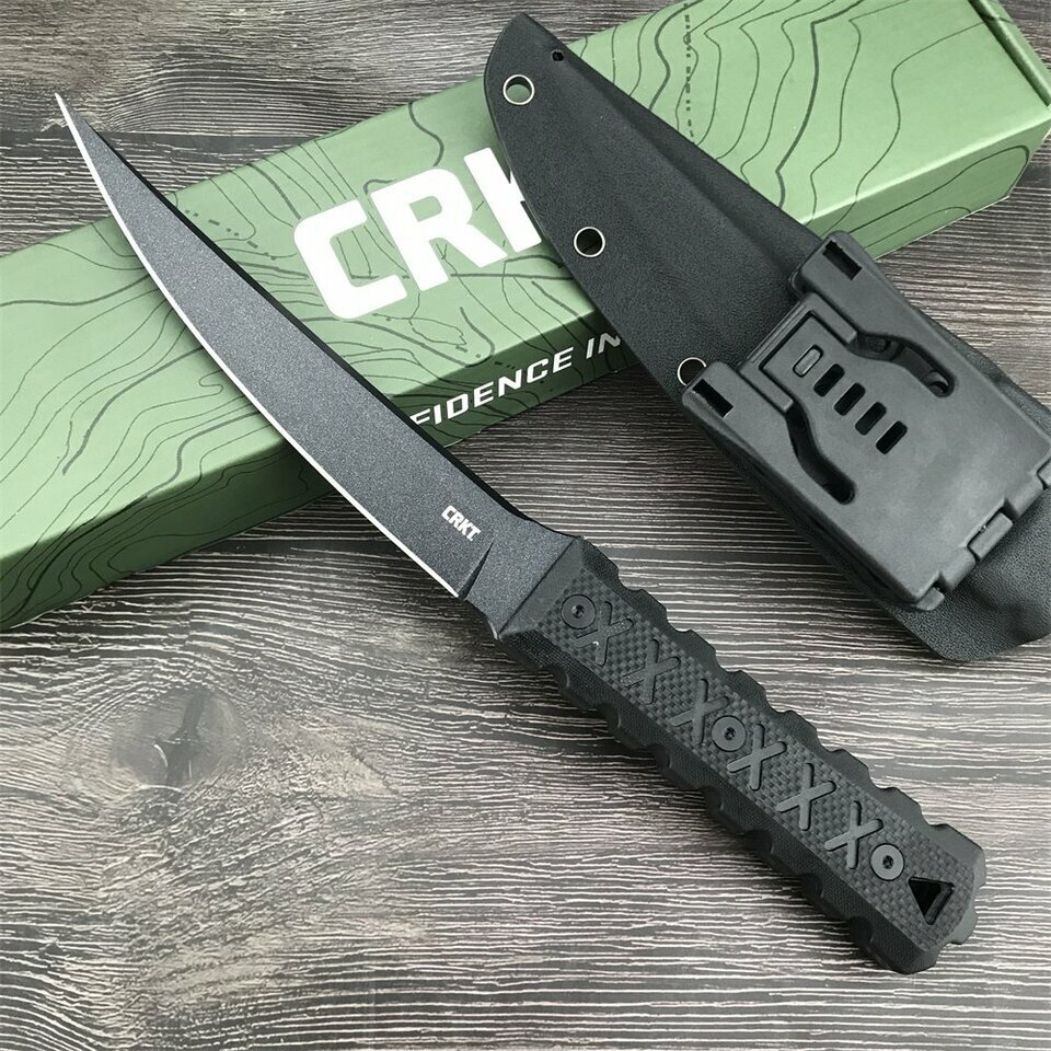Нож CRKT 2927, полностью черный, 6,45 дюйма, фиксированное лезвие из стали D2, рукоять из G10, с ножнами из кайдекса, острый, для охоты, самообороны и повседневного ношения.