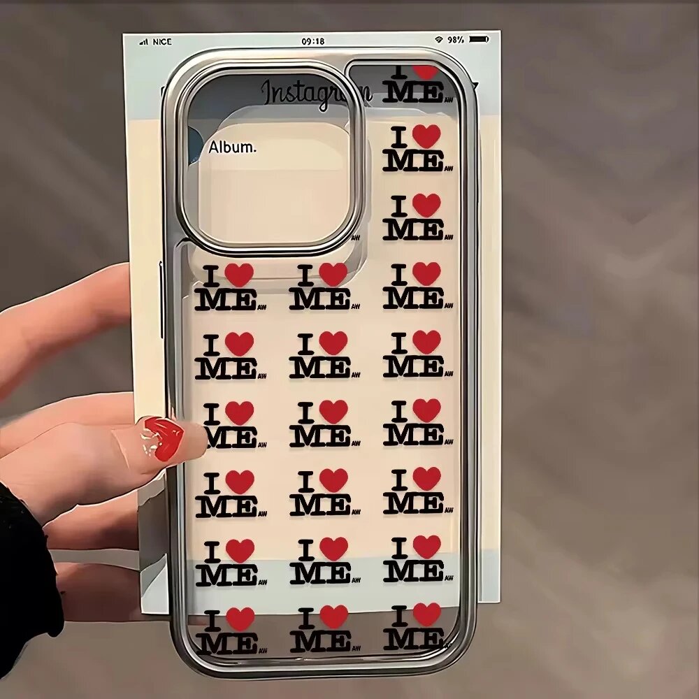 Модный прозрачный чехол Fashion I Love ME с красными сердцами и гальваническим For iPhone 16 ProMax