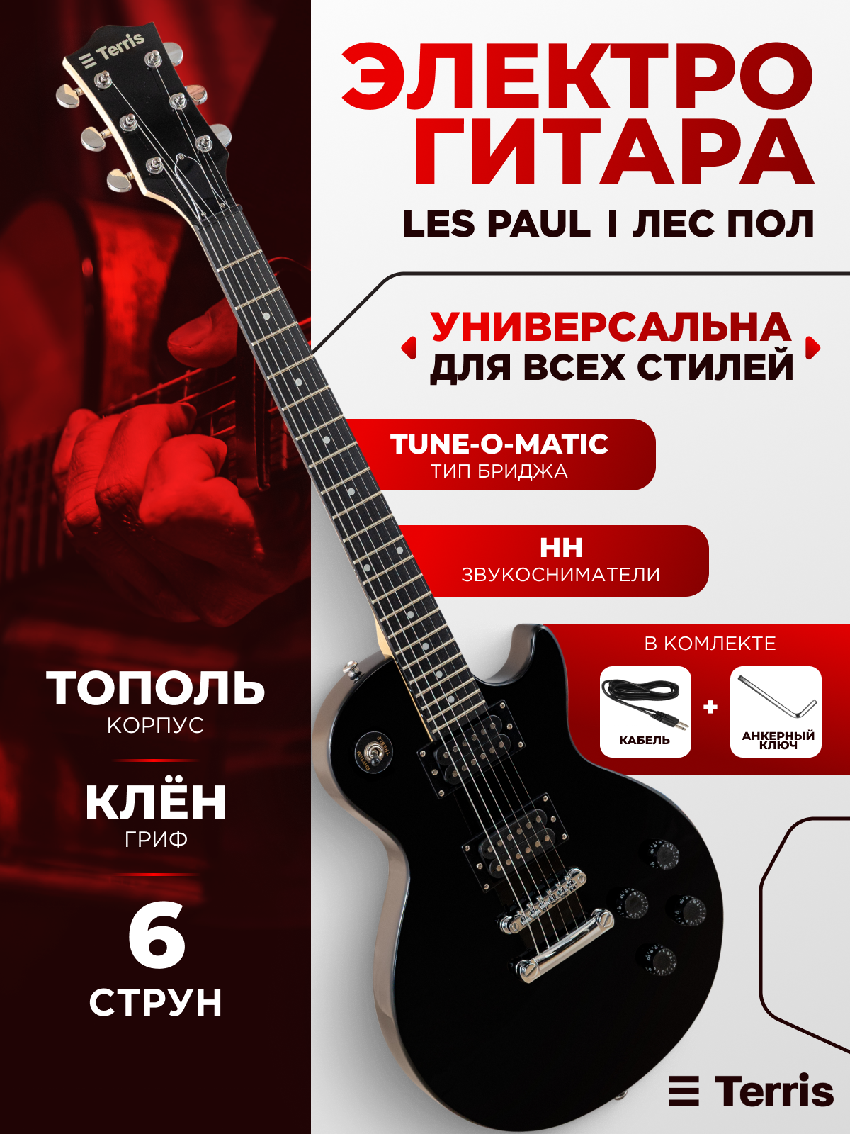TERRIS TLP-045 BK - электрогитара, Les Paul, тополь, HH, 2V, 2T, цвет черный
