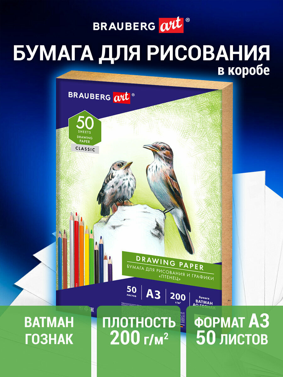 Бумага для рисования и графики А3, 50 л, 200 г/м2, ватман гознак СПб, в коробе, Brauberg Art, 114490