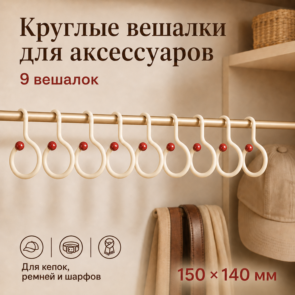 Кольцевые вешалки для шарфов, ремней, кепок и аксессуаров, кремовые, комплект 9 шт.