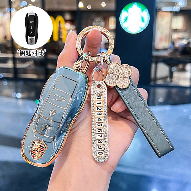 Porsche Серо-серый с лентой из четырехлистного клевера и номерной табличкой чехол для ключа-брелока для Macan Cayenne