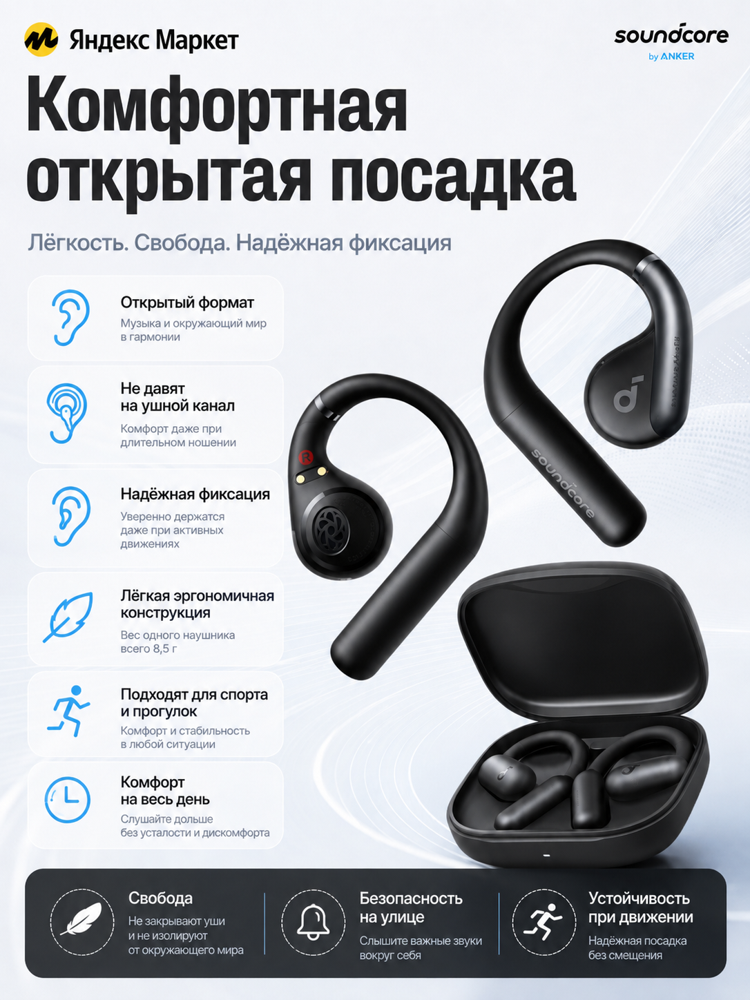 Беспроводные наушники Soundcore AeroFit A3872, Open-Ear, Bluetooth 5.3, 4 микрофона, IPX7, черные