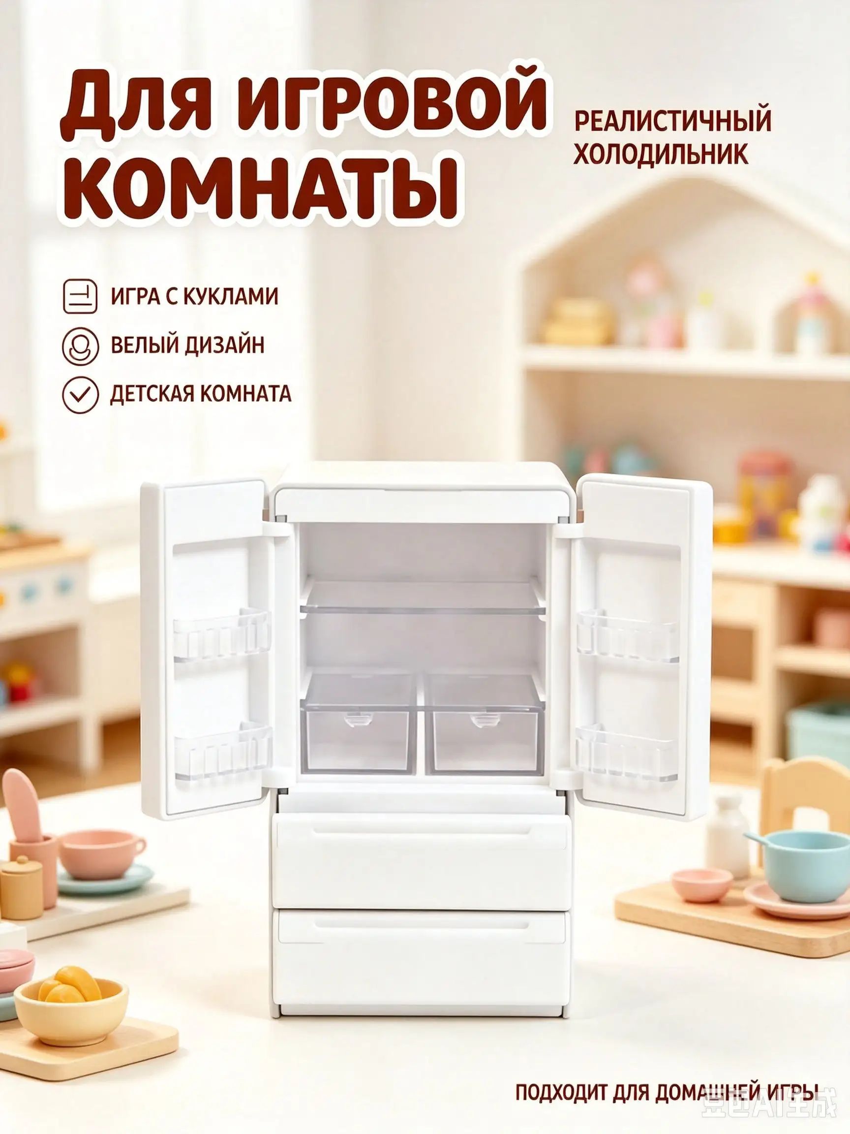 Пластиковый мини холодильник для кукольного домика белого цвета с подсветкой и двойными дверцами для украшения