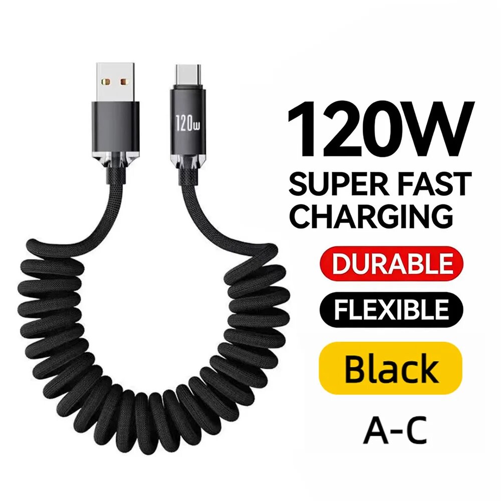 Кабель Type-C на Type-C 120 Вт, выдвижной, пружинный, для быстрой Черный, 2m, Black USB A To C