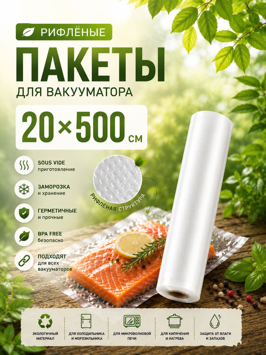 Пакеты для вакууматора рифленые рулон, 20 х 500 см
