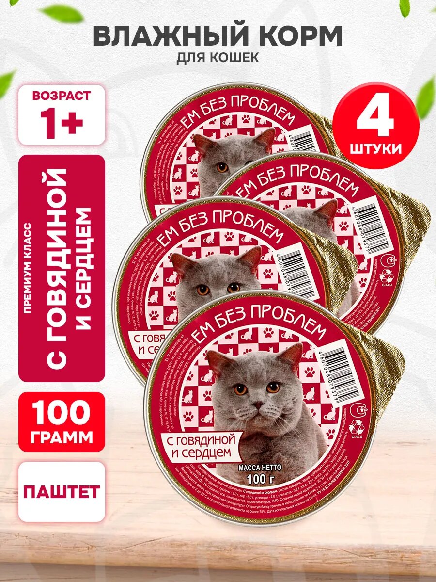 Корм влажный Ем Без Проблем для взрослых кошек, говядина, сердце, 100 г 4 шт