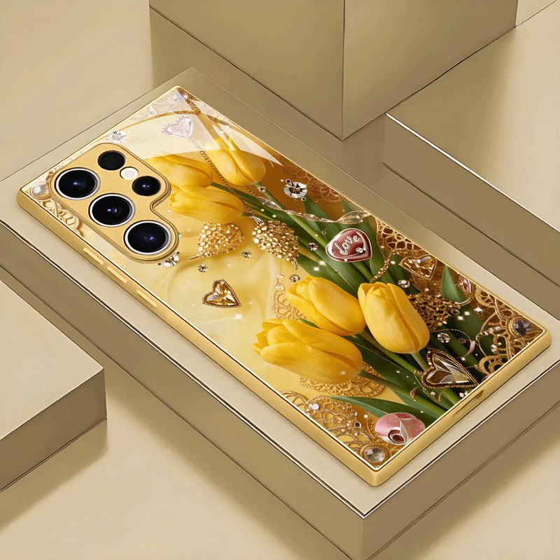 Чехол для Galaxy S26 Edge с металлическим покрытием и закаленным стеклом, дизайн с желтым тюльпаном и блестками