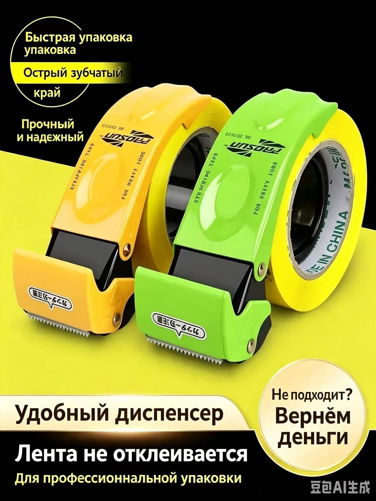 Эксклюзивный диспенсер желтого цвета для клейкой упаковочной ленты 50 мм, комплектуемый одним лезвием