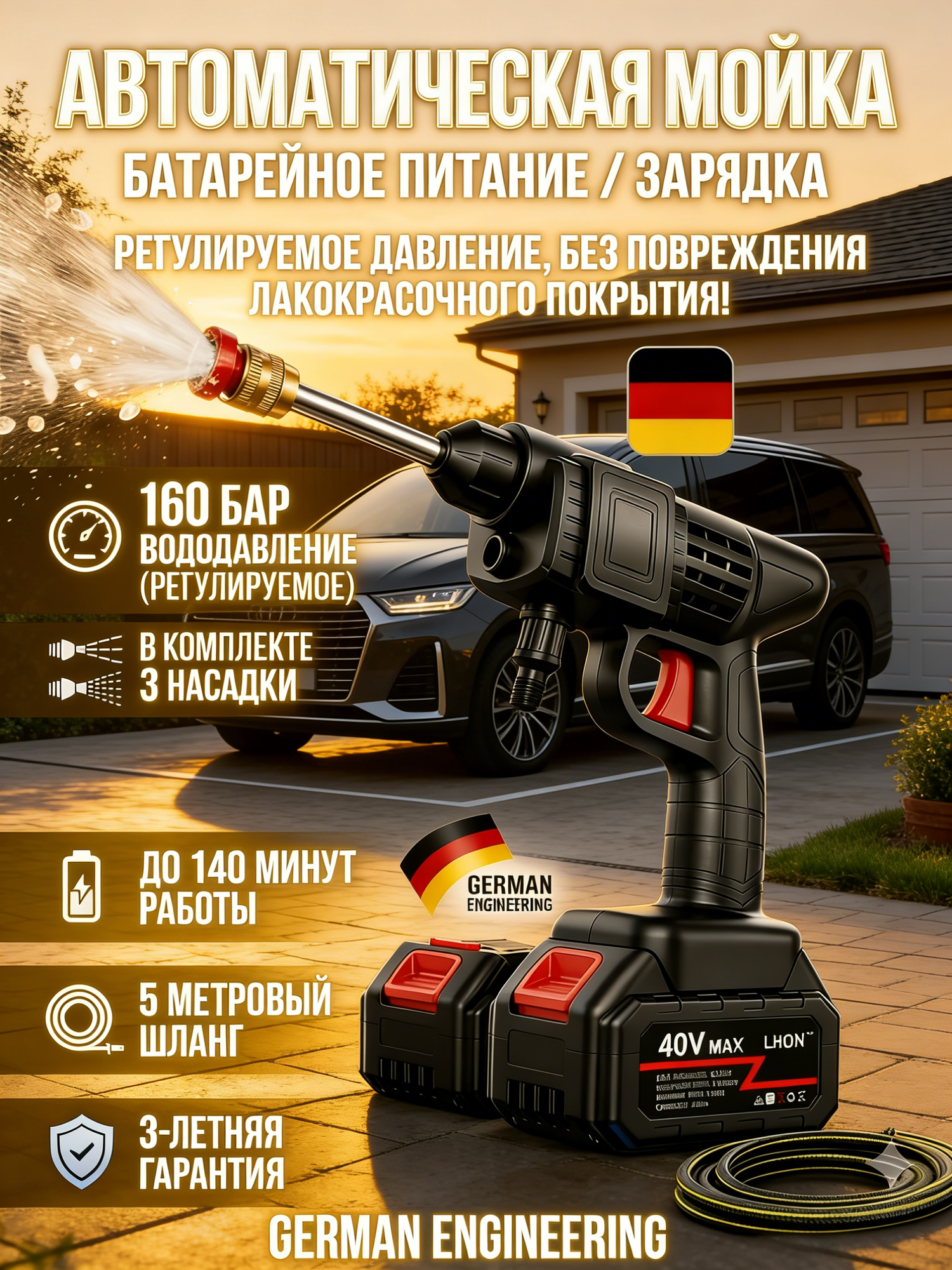 Аккумуляторная автомойка , высокого давления, для автомобиля, в кейсе 2 аккумулятора, минимойка с пистолетом