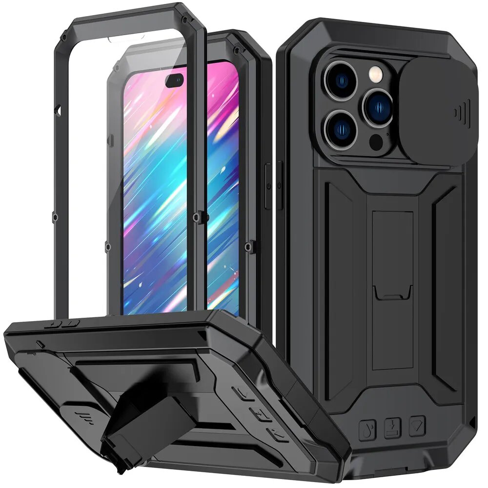 Чехол для iPhone 14 Pro Max (Айфон 14 про макс) Прочный металлический чехол с защитой экрана, подставкой, выдвижной крышкой для камеры, полноразмерным корпусом, противоударным, (черный)