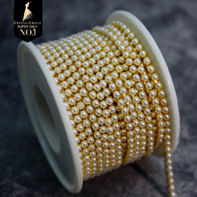 Хрустальный замок жемчужная цепочка для одежды 2 мм, 3 мм 1 Yard in bag, SS6.5, Pearl with Gold