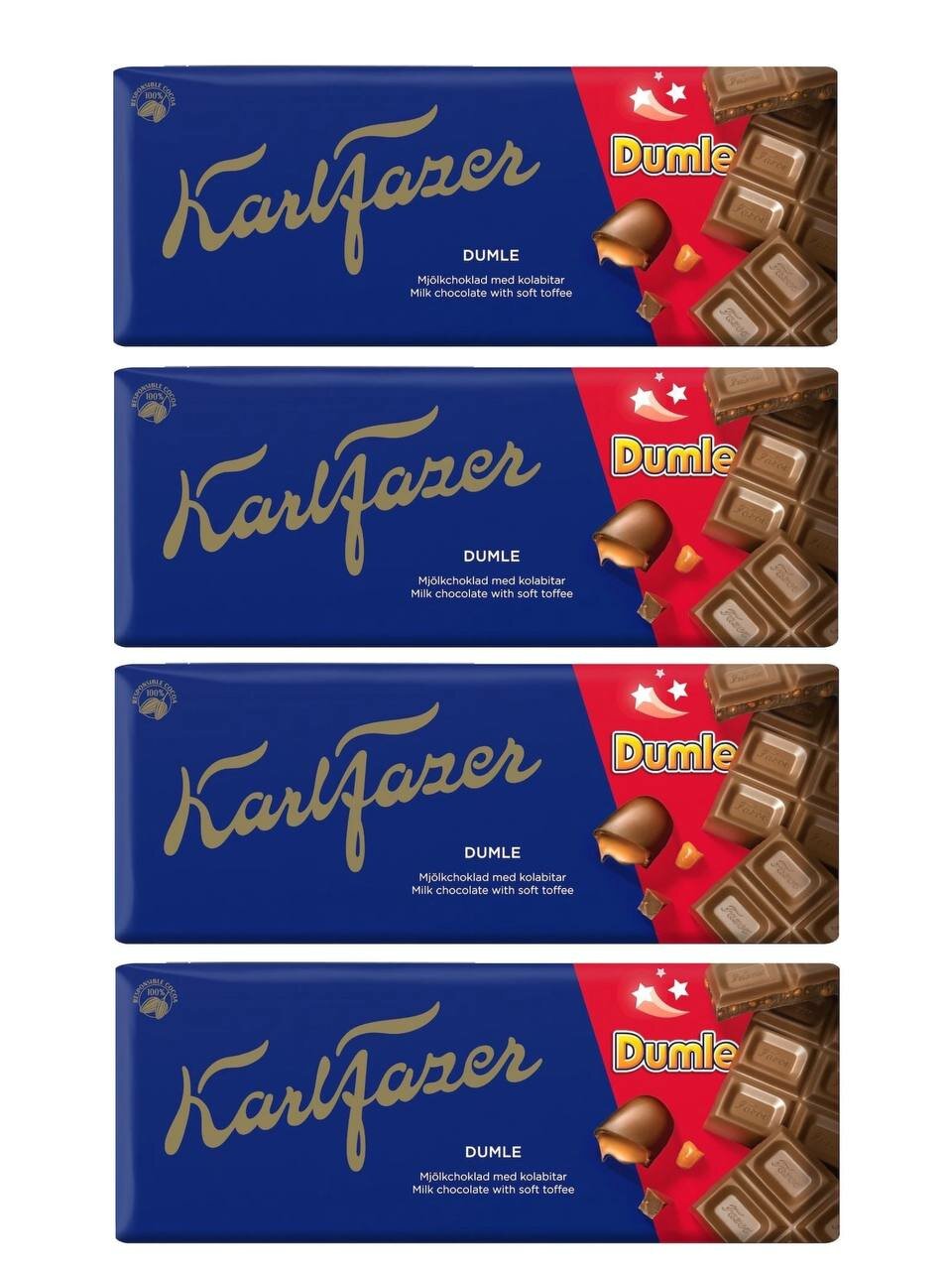Karl Fazer Dumle Шоколад молочный c кусочками ириски, 4 плитки по 180г, (Финляндия)