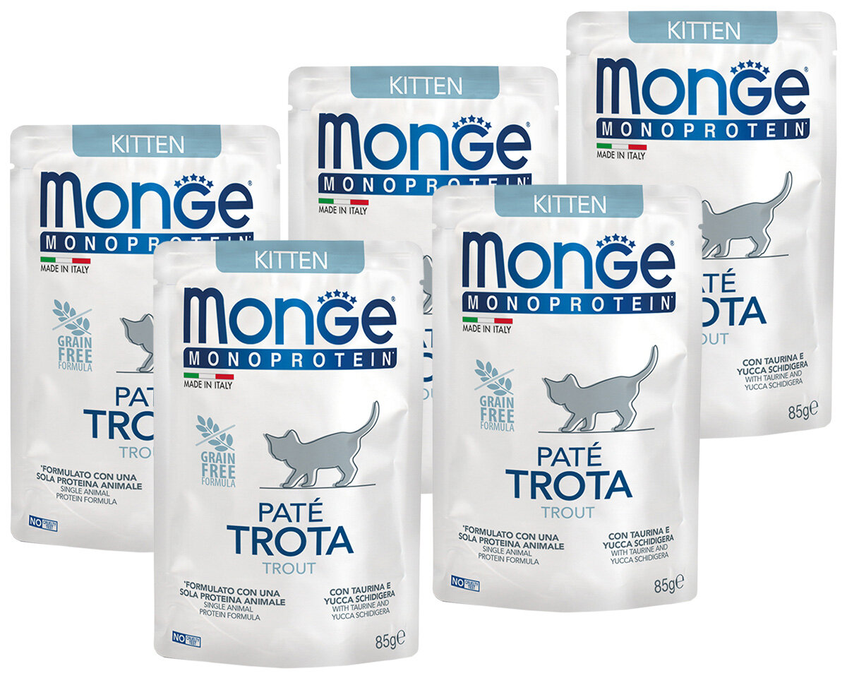 Корм влажный Monge Monoprotein Kitten монобелковые для котят с форелью пауч, 85 г 5 шт