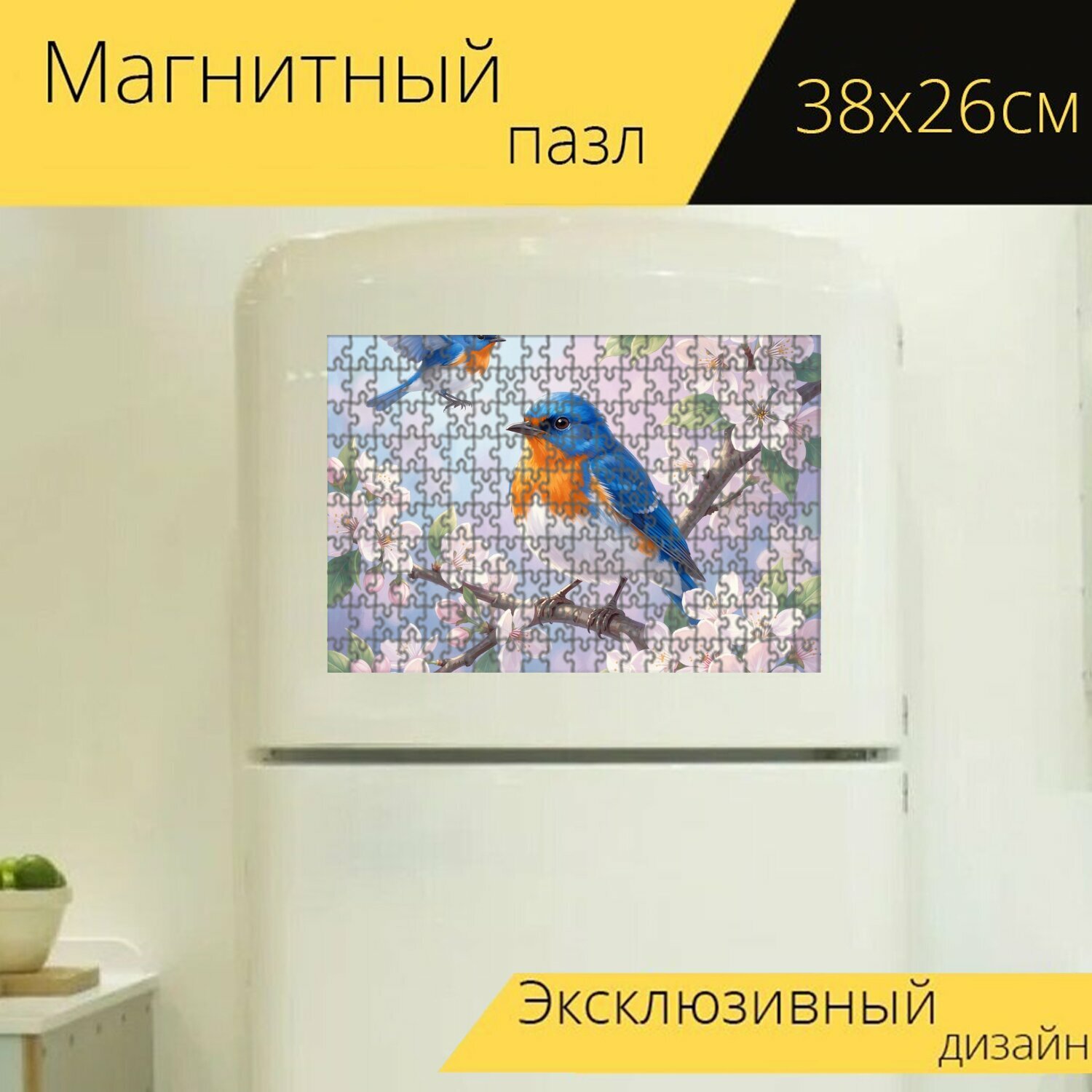 Магнитный пазл "Синие птицы среди сакуры. Нежная весенняя иллюстрация с лазурными пташками на цветущих ветках яблони, бело-розовыми лепестками, пастельным." для интерьера, 38х26 см.