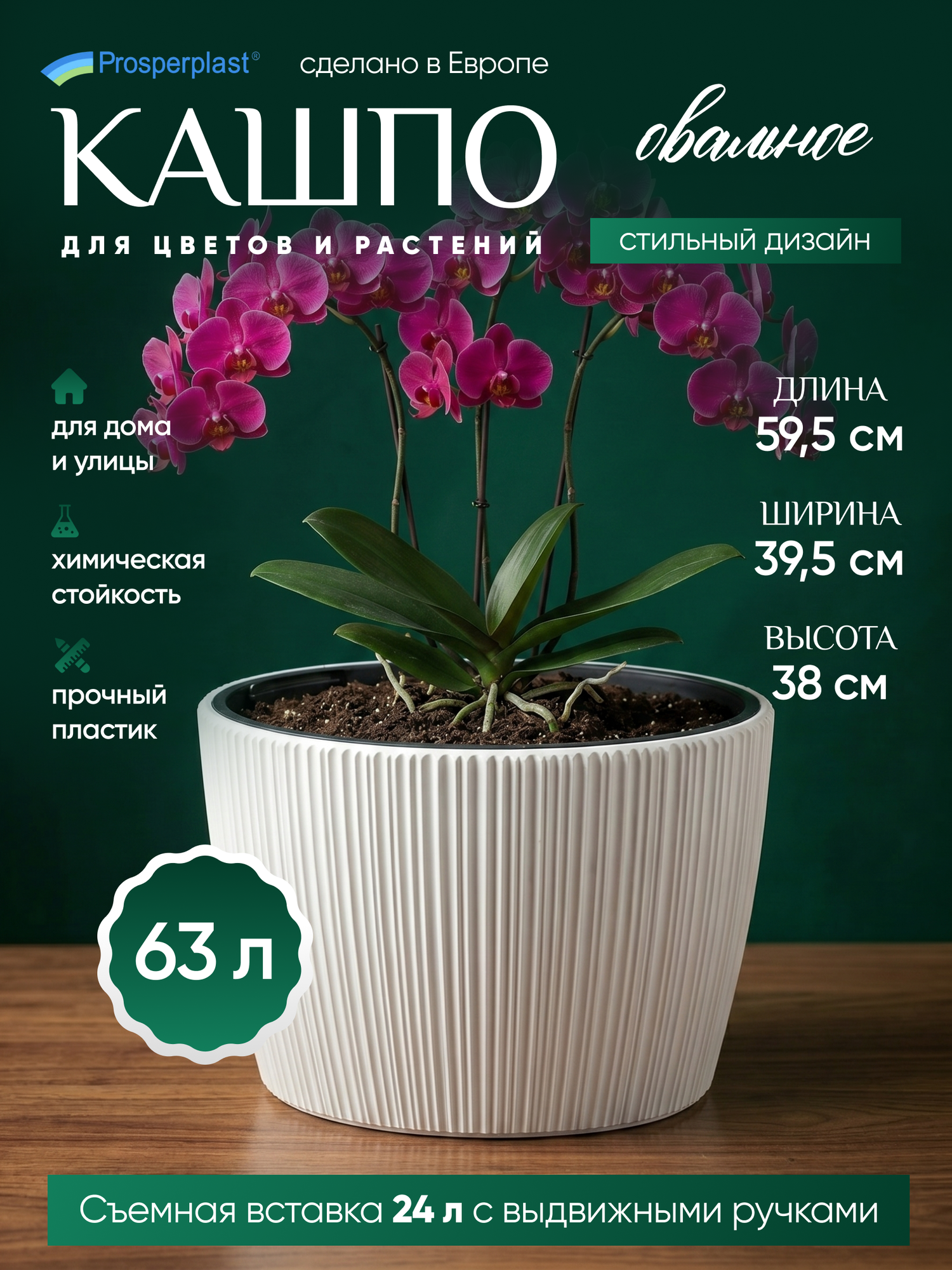 Кашпо для цветов овальное со вставкой Prosperplast ORO, 59,5х39,5х38 см, 63 л, белый