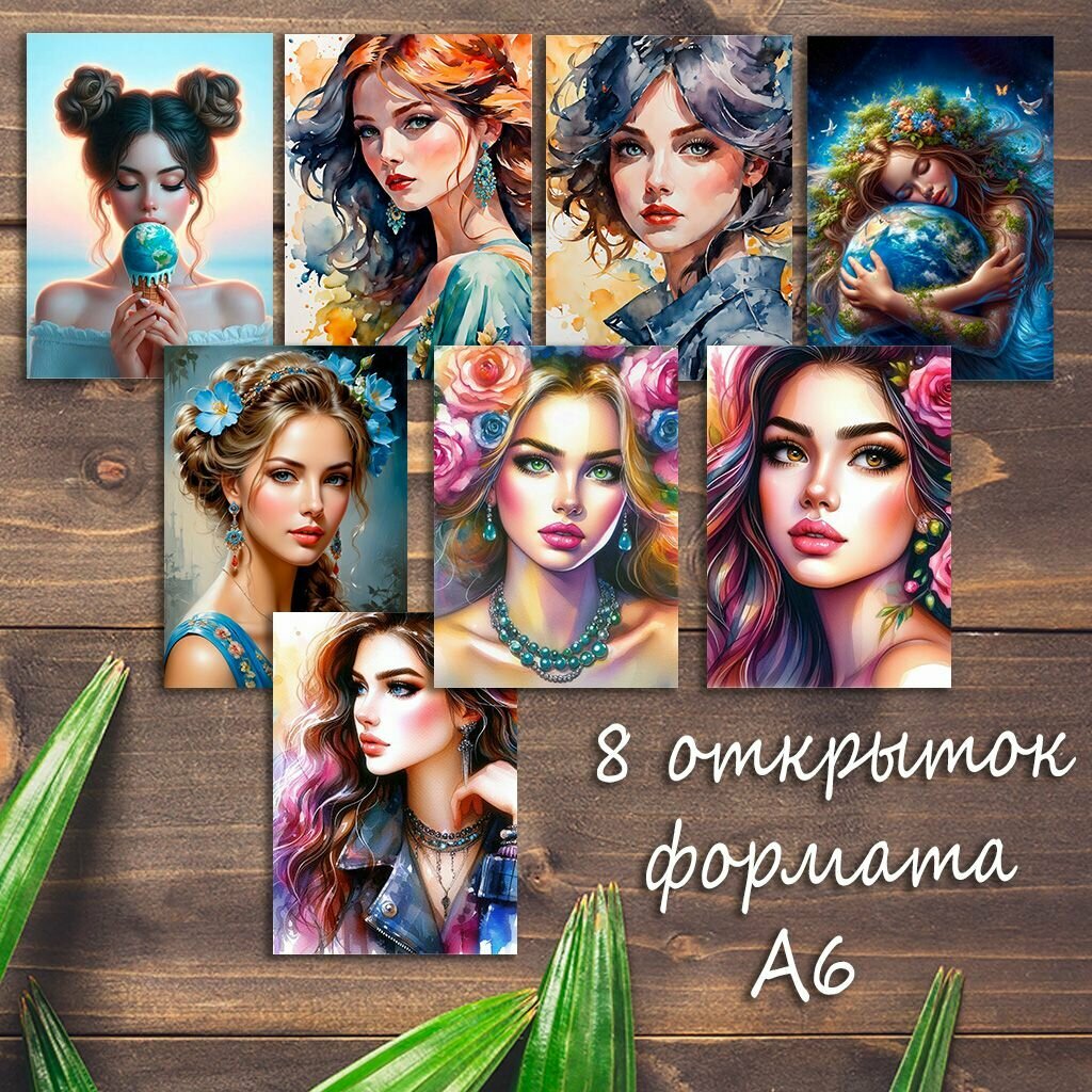 Большой набор открыток Девушки, 8 штук