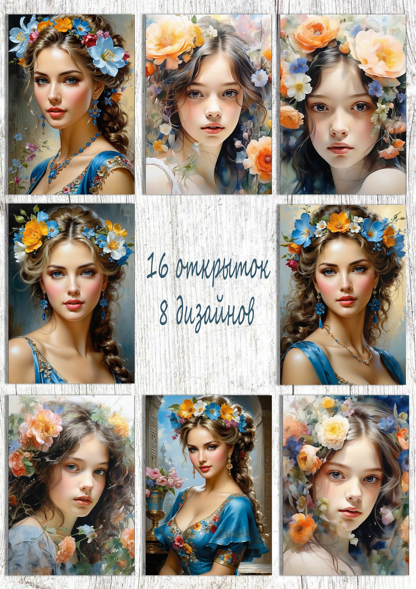 Открытки Девушка с цветами, 16 штук
