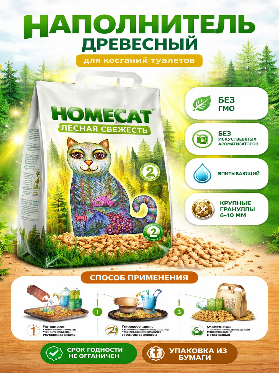 Наполнитель древесный для кошачьих туалетов Homecat Лесная свежесть, мелкие гранулы, 9л