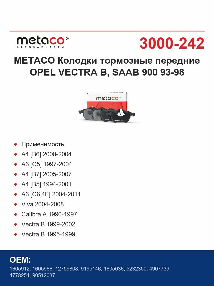 METACO Колодки тормозные передние OPEL VECTRA B, SAAB 900 93-98