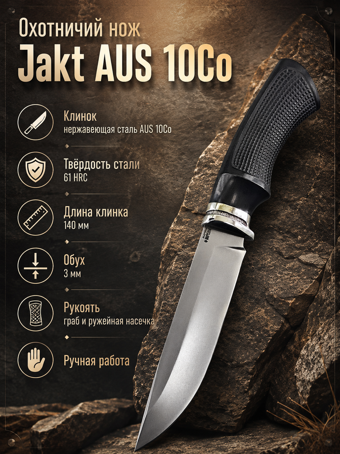 Нож борема "Охотник", AUS-10CO, фиксированный, грабовая рукоять, кожаные ножны