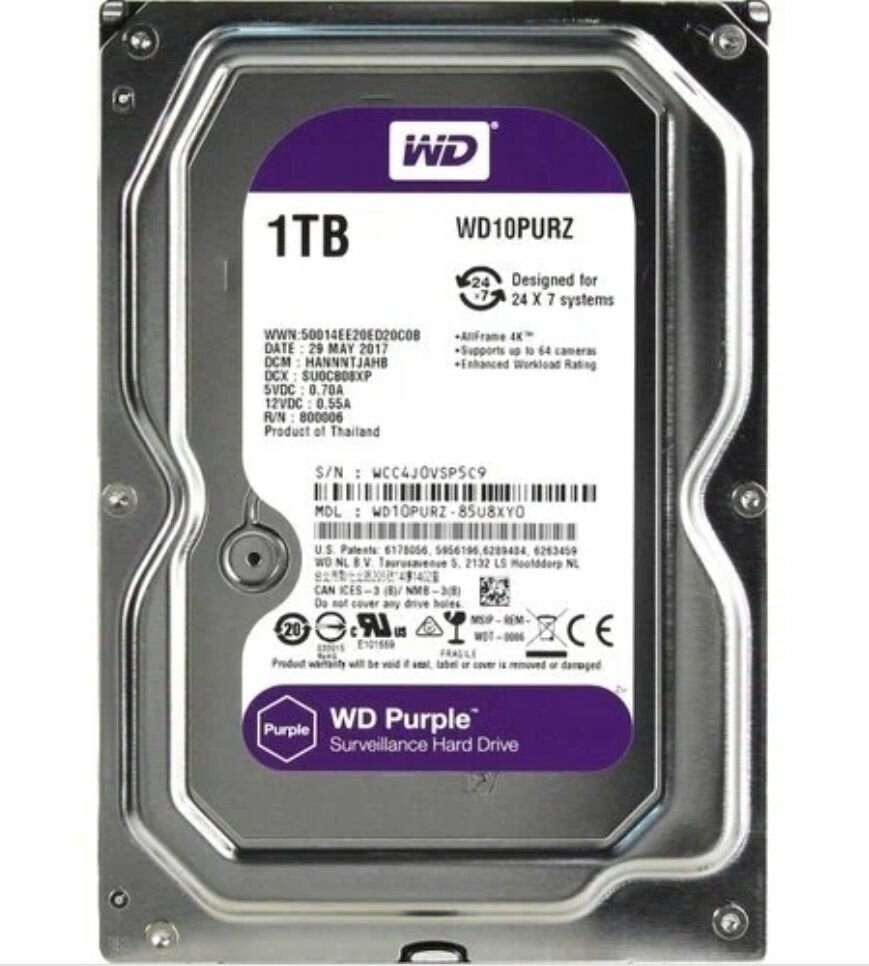 Western Digital 1 ТБ Внутренний жесткий диск WD10PURX1tb hdd, 3.5", 5400 об/мин, SATA III 6 Гбит/с (89G3VY0)