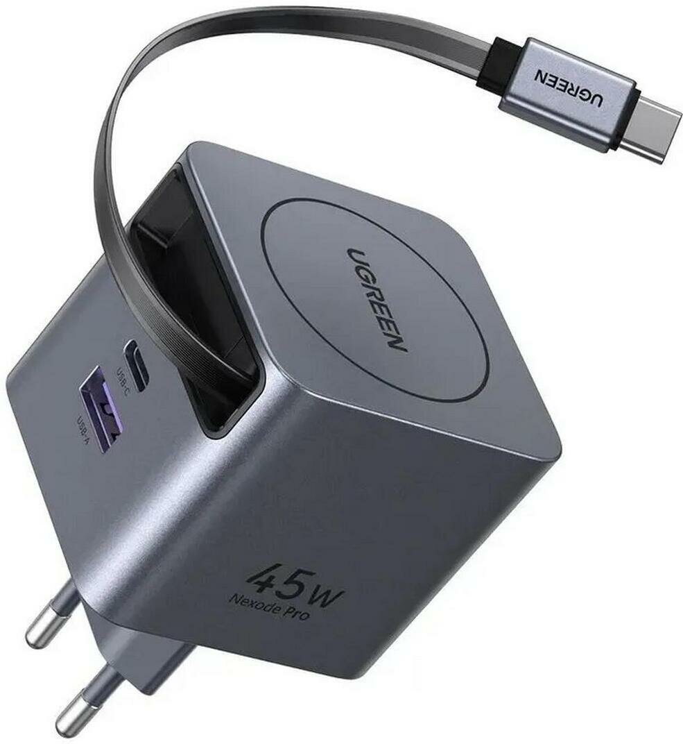 Сетевое зарядное устройство UGREEN USB-A+USB-C 45W GaN Fast Charger with Retractable Cable X614 (65822) Space Gray