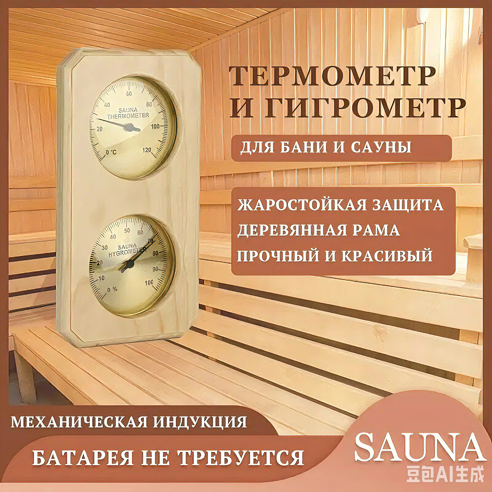 Деревянный термометр с гигрометром комнатный настенный для бани , сауны, измерения температуры воздуха и влажности