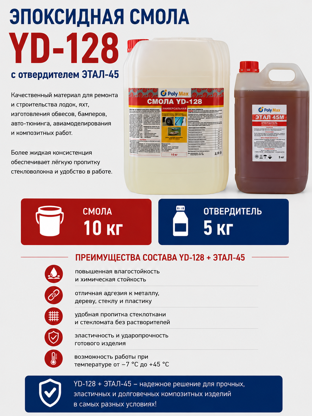 Эпоксидная смола YD-128 (10 кг) с отвердителем этал 45 (5 кг)