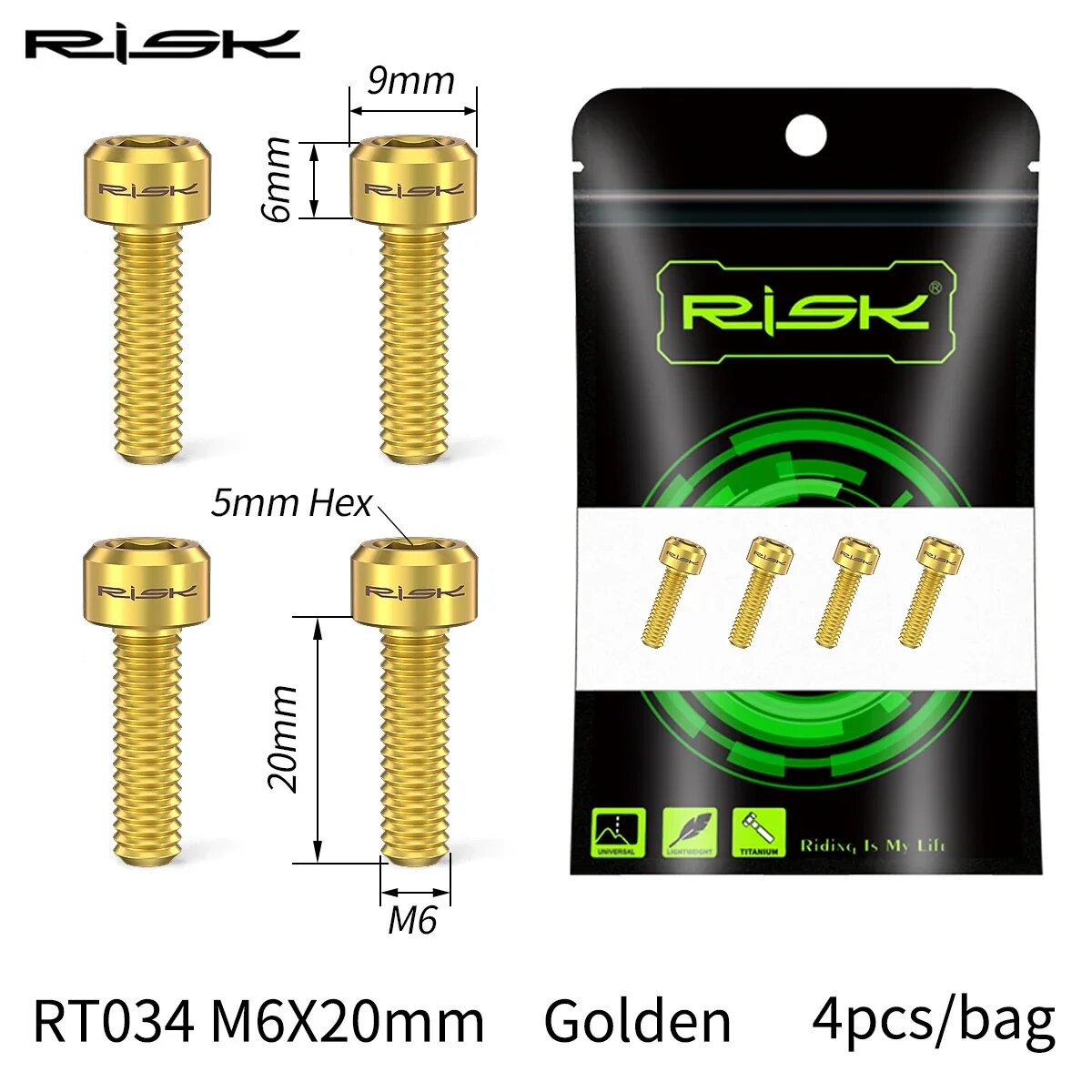 Болты RISK RT034 M6x20 мм, золотистые, 4шт