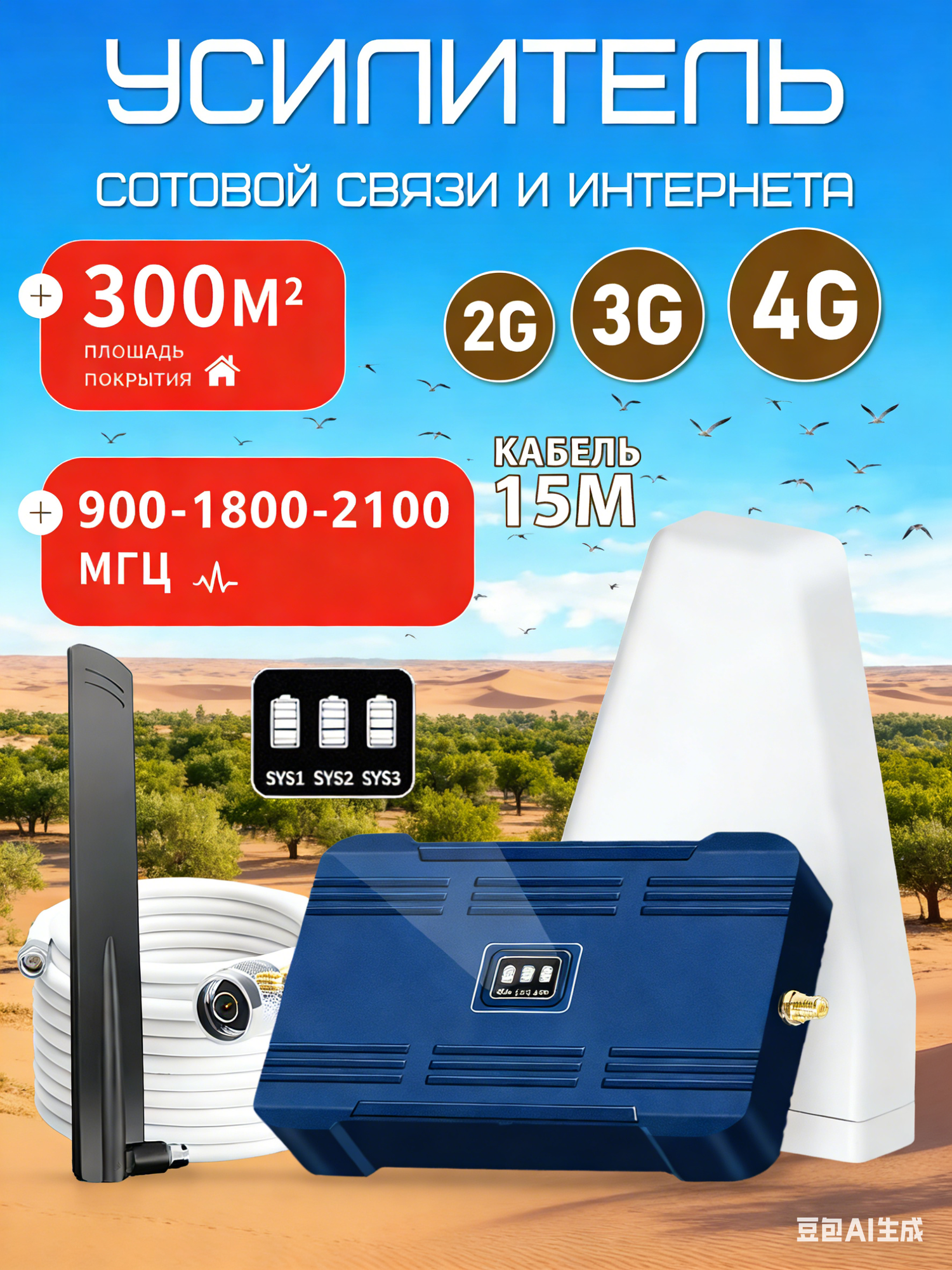 Усилитель сотовой связи 900/1800/2100 МГц (2G/3G/4G): до 70 км, направленный, синий, 1.3 кг