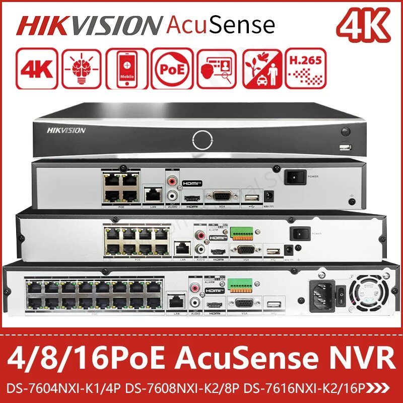 Hikvision AcuSense 4K NVR 4 8 16-канальный видеорекордер IP-камер PoE NVR DS-7604NXI-K1/4P DS-7608NXI-K2/8P DS-7616NXI-K2/16P
