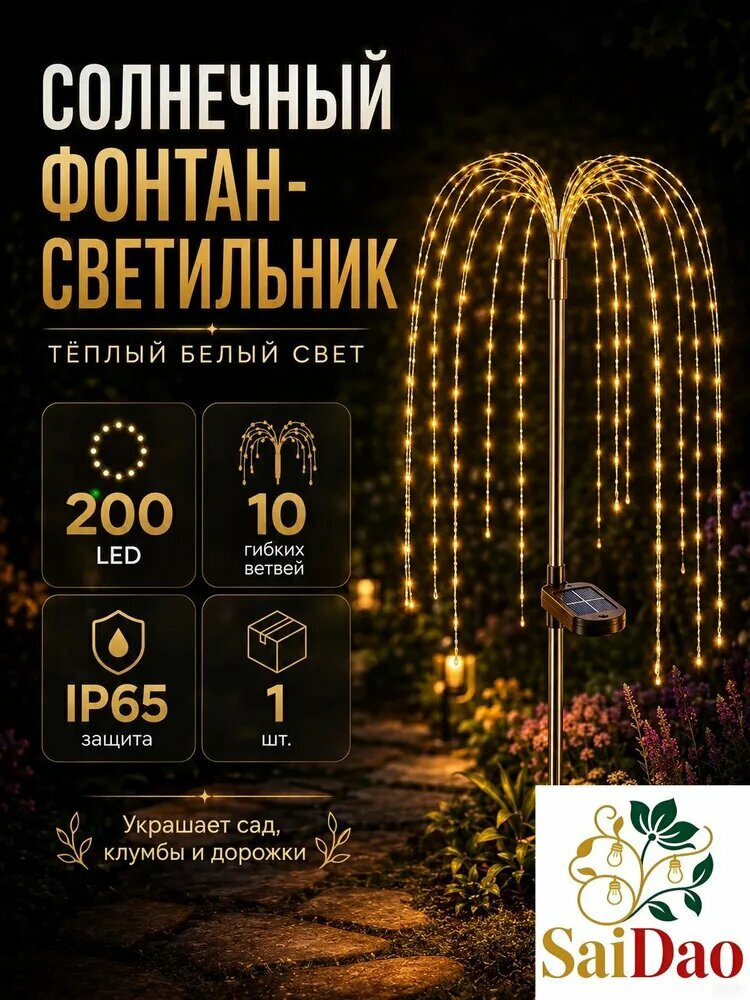 Уличный светильник-фонтан SaiDao, 1.2W, 200 LED, на солнечной батарее, IP65, теплый белый свет