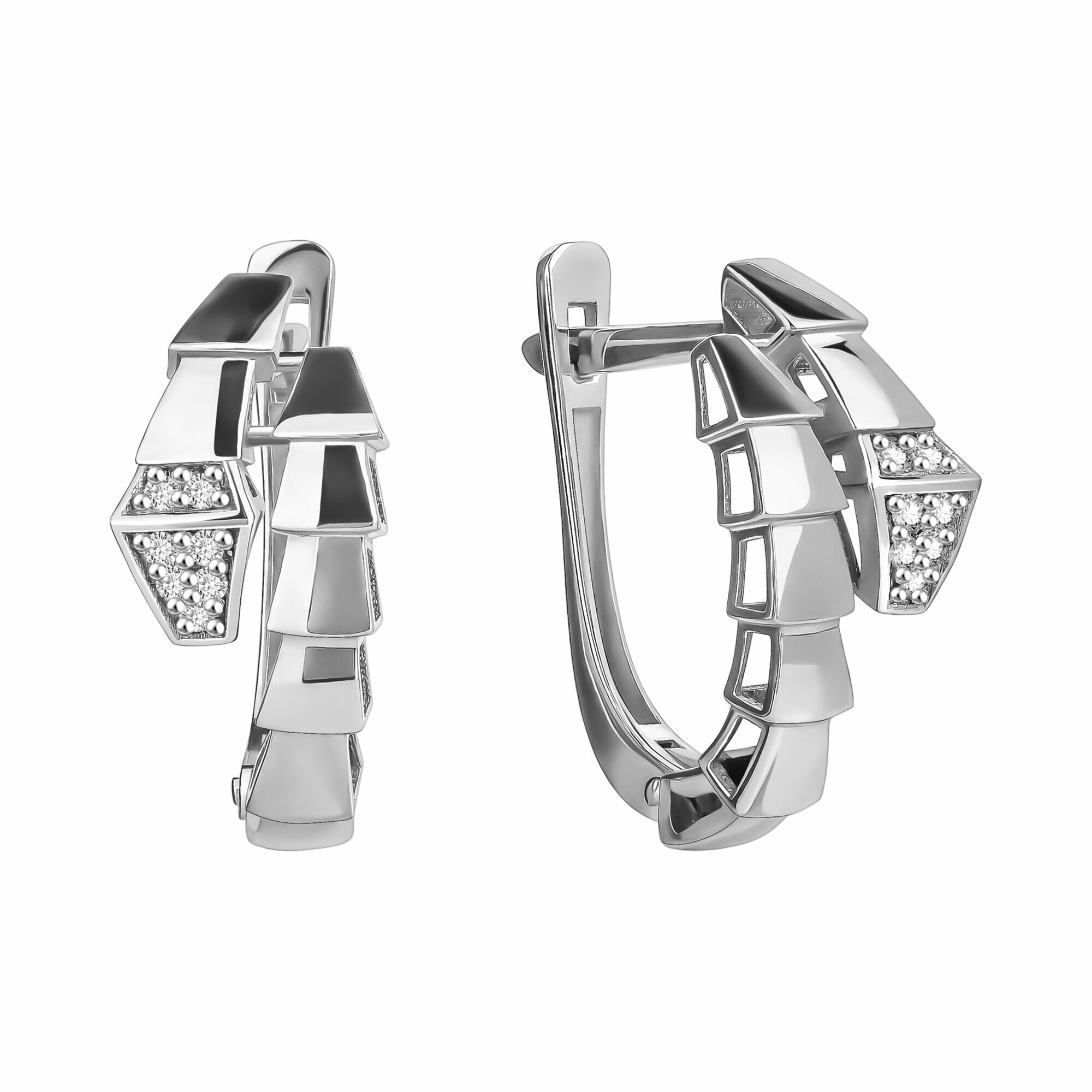 Серьги двусторонние, белое золото, 585 проба, родирование, фианит