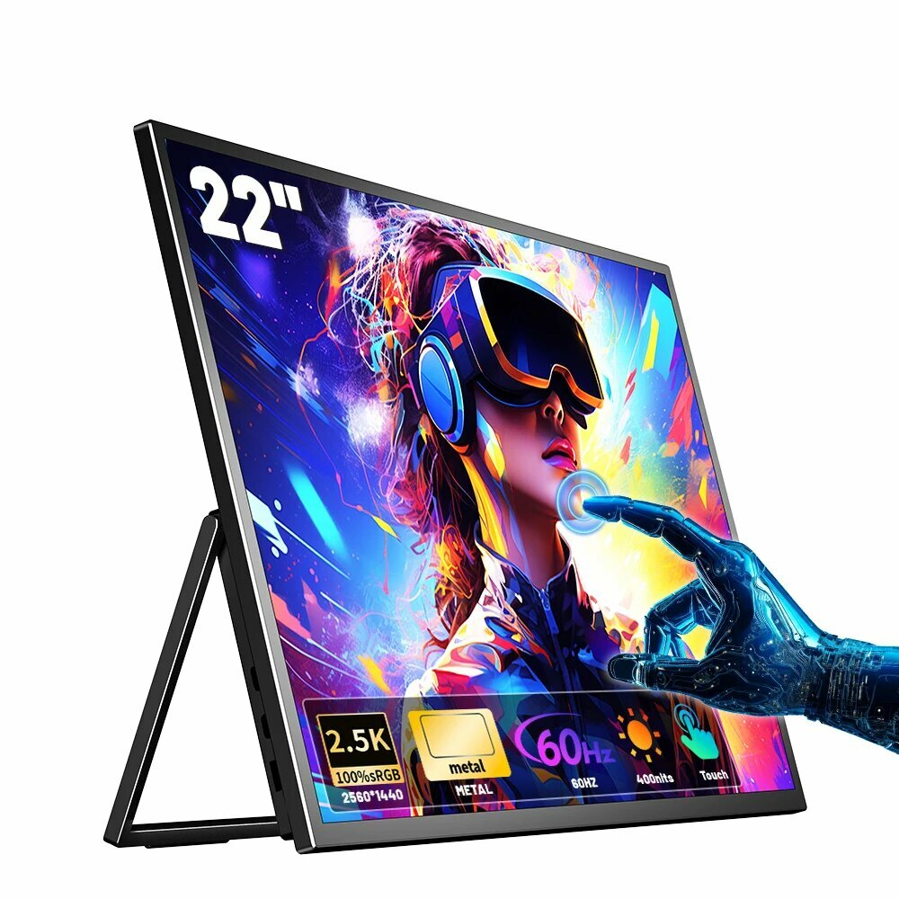 Портативный монитор Sibolan 22" с сенсорным экраном 2.5K 60Гц 100% sRGB 400 нит с портом USB C Type C, металлическим корпусом, игровой монитор для Wins и Mac