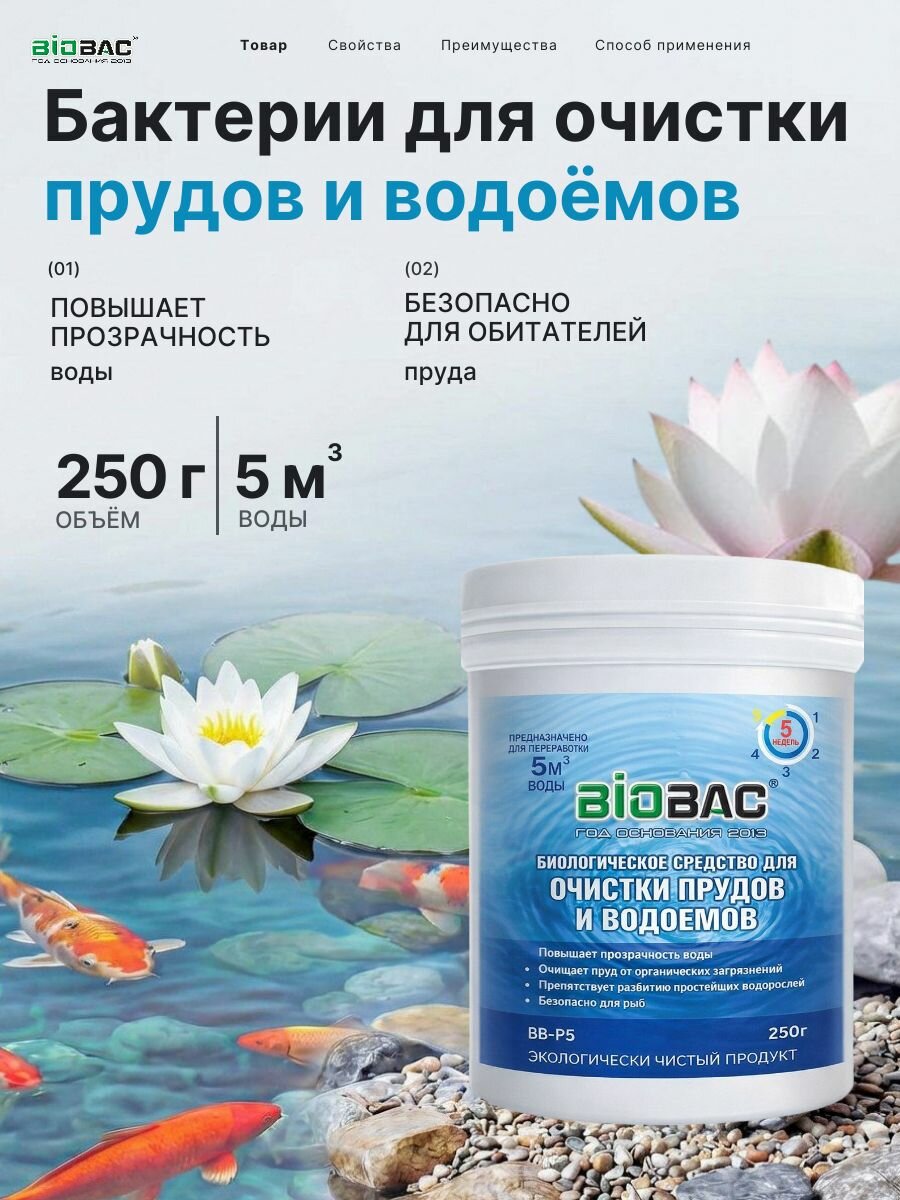 Средство для очистки прудов и водоемов BIOBAC, 250гр.