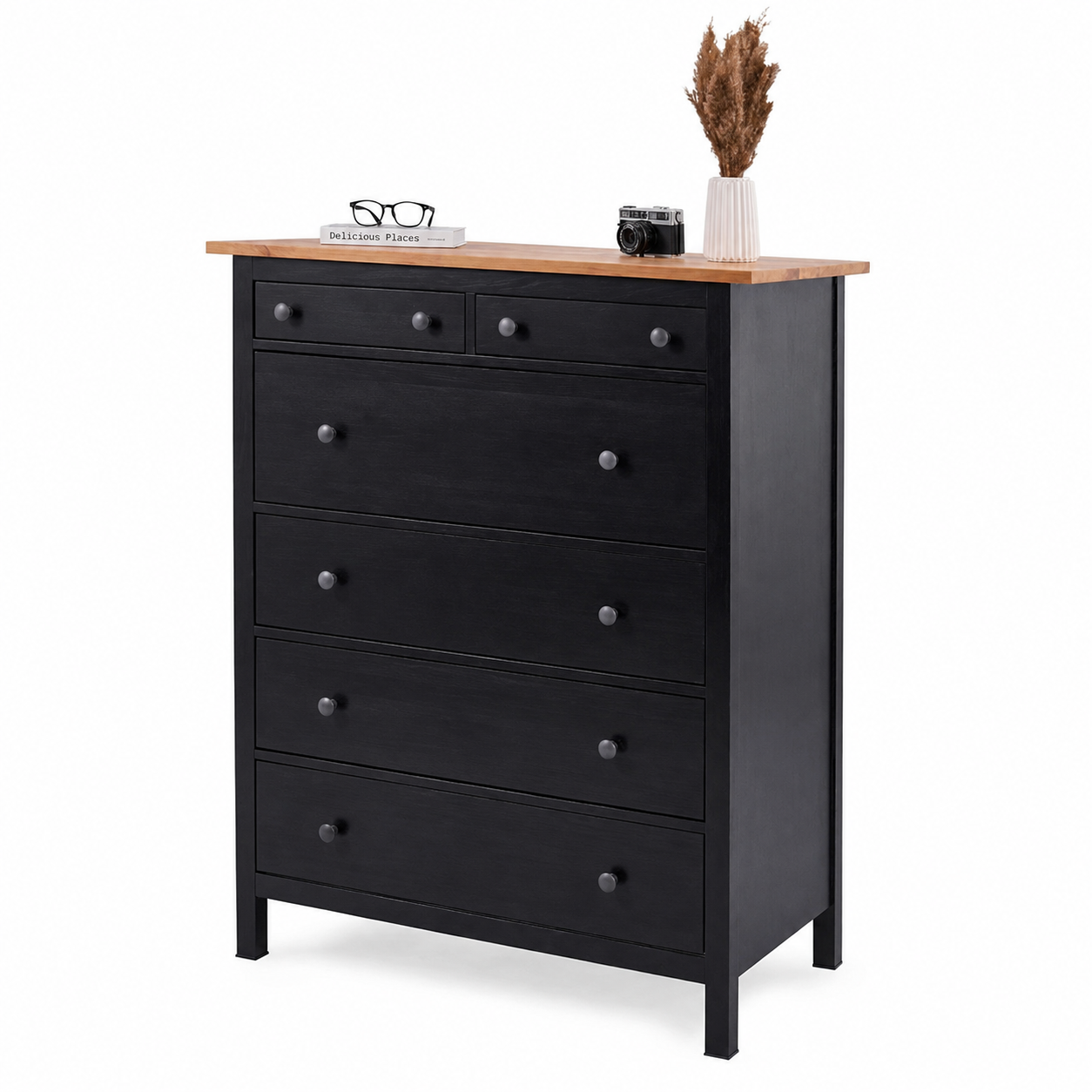 Комод 6 ящиков HEMNES Кымор черный/Светло-коричневый, массив сосны, 108 x 131 x 50 см