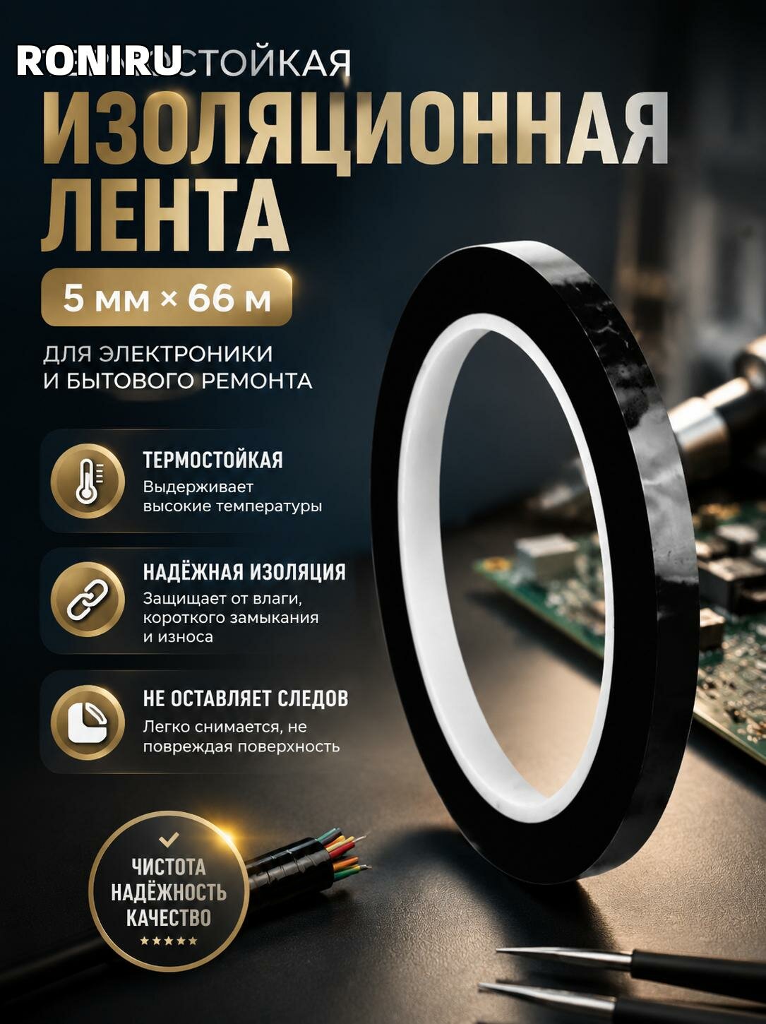 Термостойкая самоклеящаяся изоляционная лента 5 мм, 66 м ПЭТ для электроники и быта в ремонте, не оставляет следов