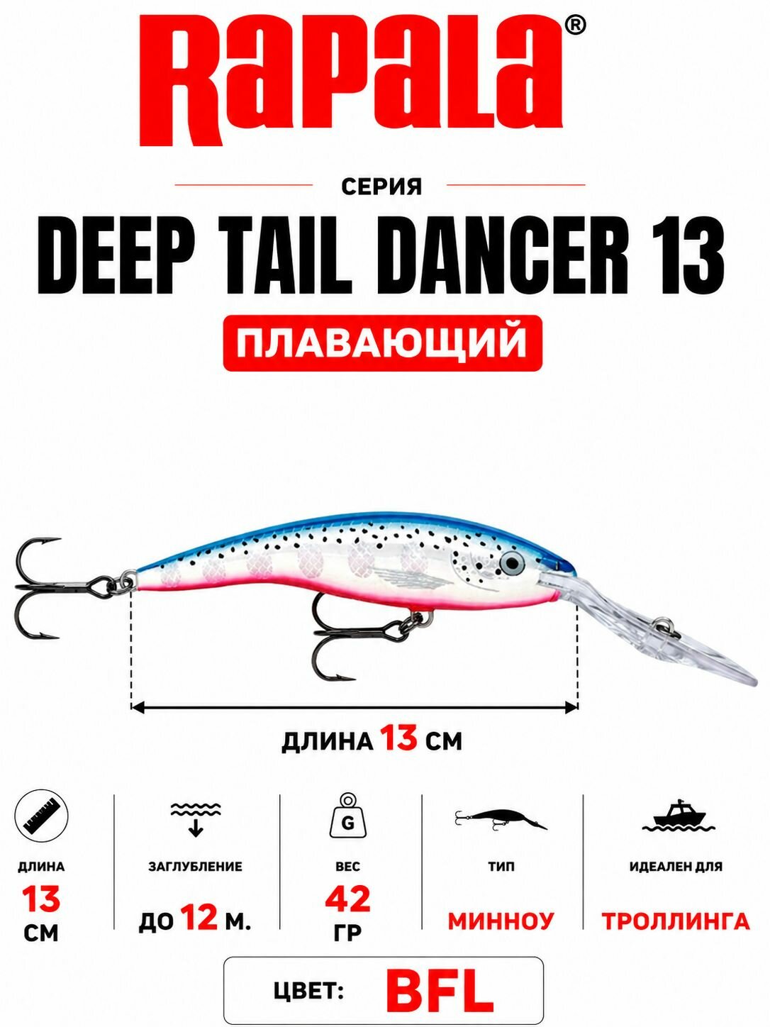 Воблер RAPALA Deep Tail Dancer 13 BFL плавающий до 12м, 13см, 42гр ++