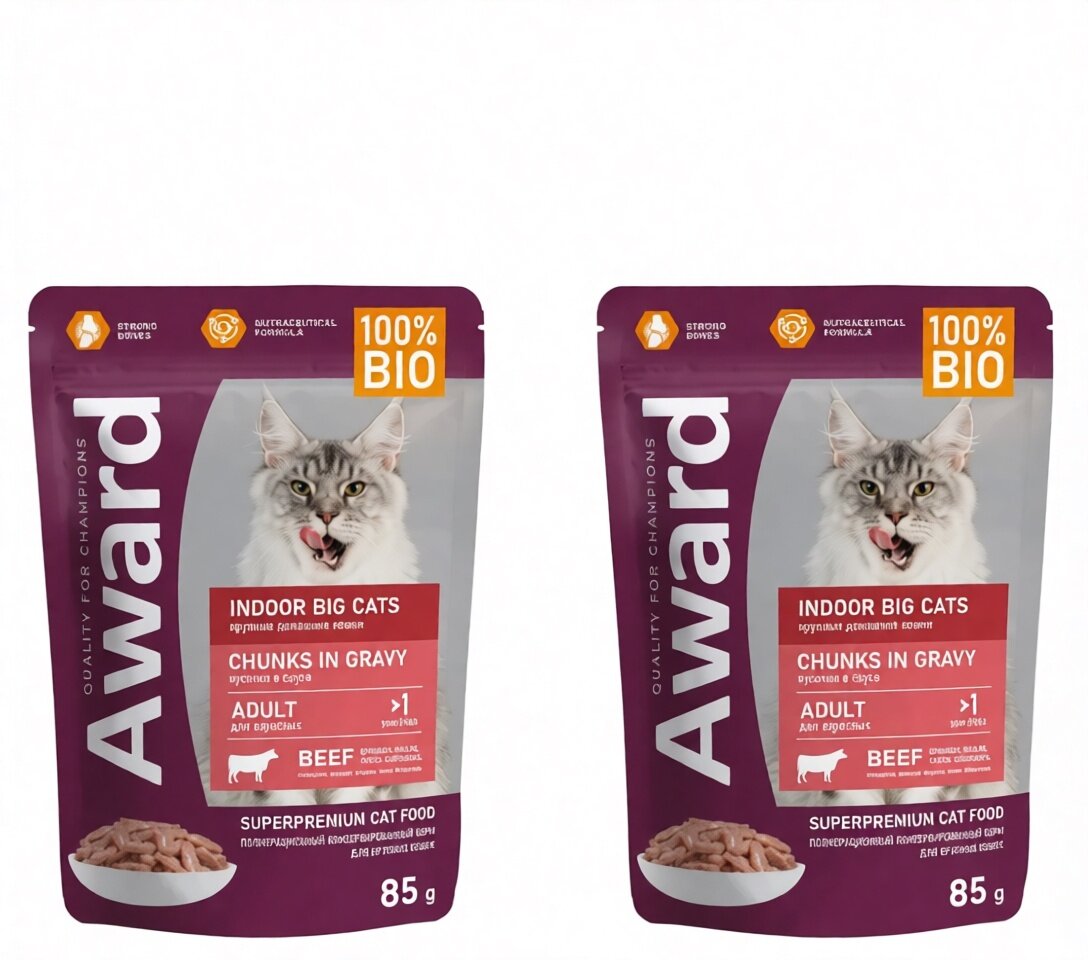 Влажный корм AWARD Indoor Big cats для взрослых домашних кошек крупных пород, с говядиной в соусе, паучи, 2 шт х 85 гр