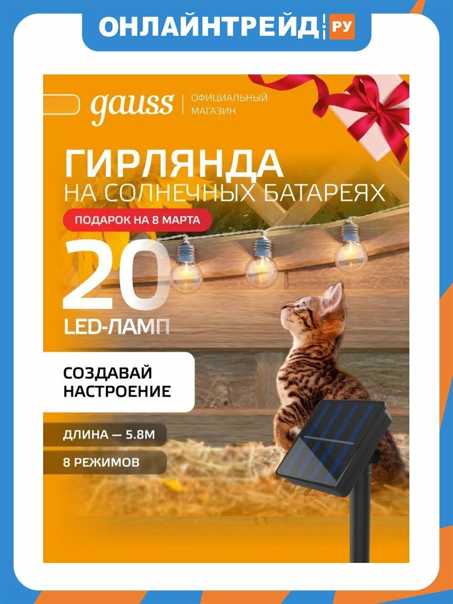 Гирлянда садовая на солнечной батарее Gauss 20 LED ламп Большие Шары Белый свет , 1/12
