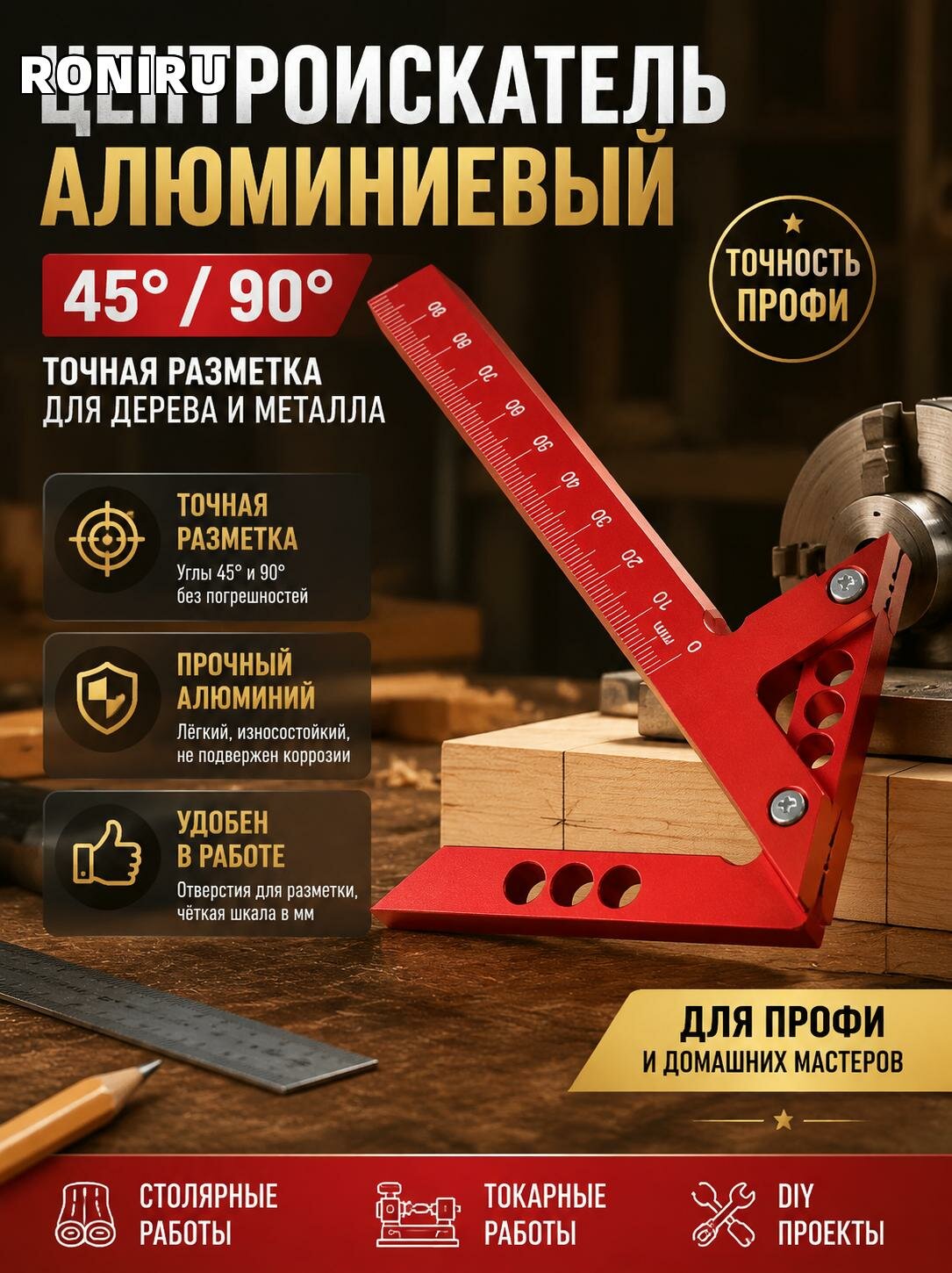 Алюминиевый центроискатель 45°/90° — квадрат для разметки дерева и металла, для столярных, токарных и DIY работ