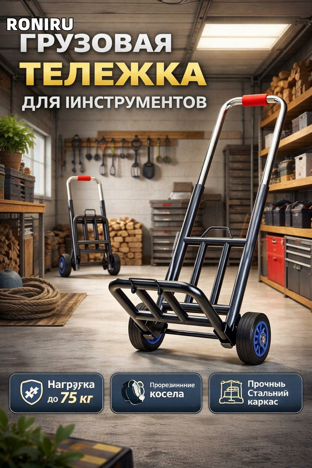 Грузовая тележка для инструментов, складная 75 кг с прорезиненными колесами и усиленным стальным каркасом