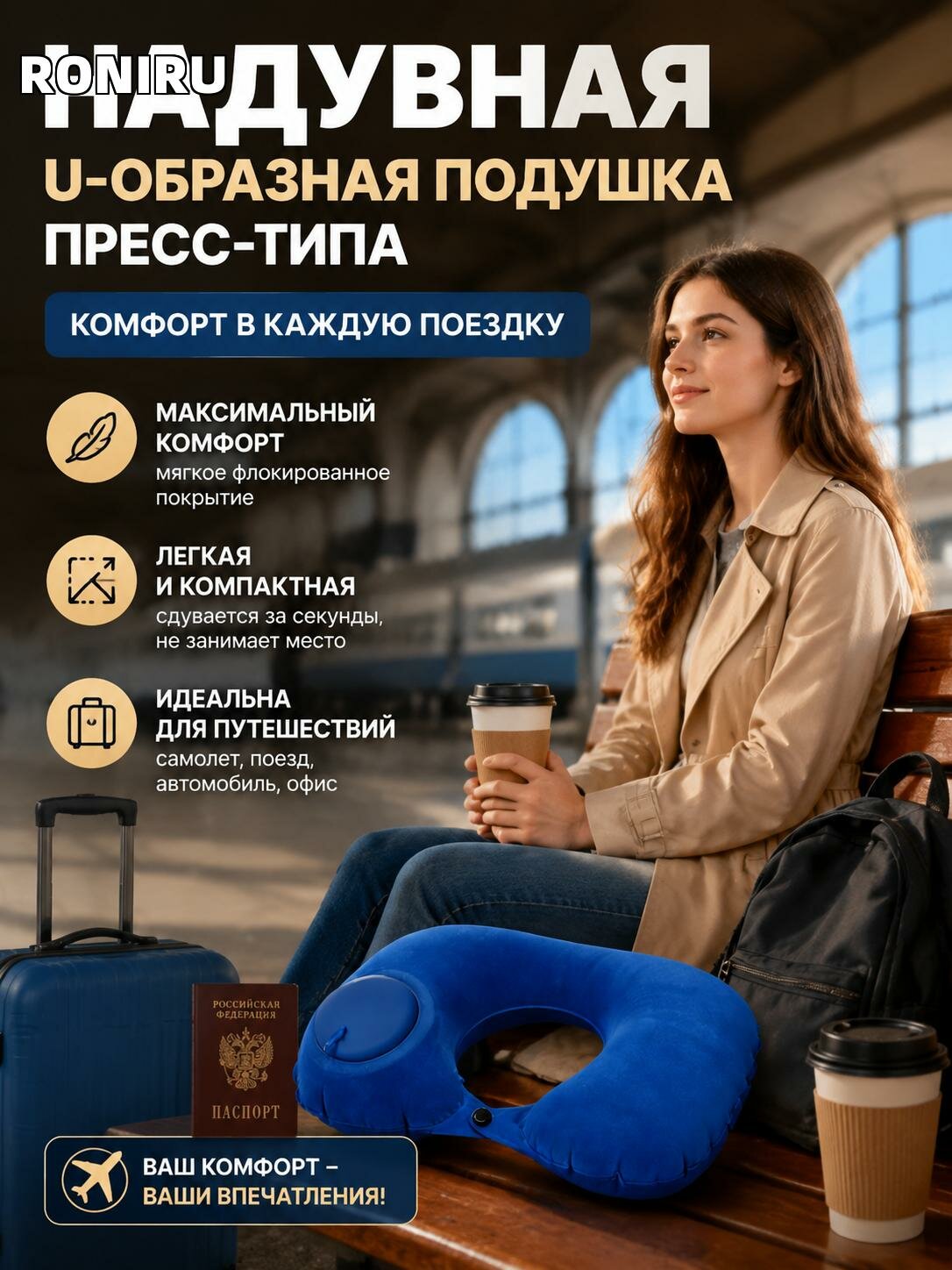 Надувная U-образная подушка, пресс-типа с флокированным покрытием для путешествий и комфортного отдыха