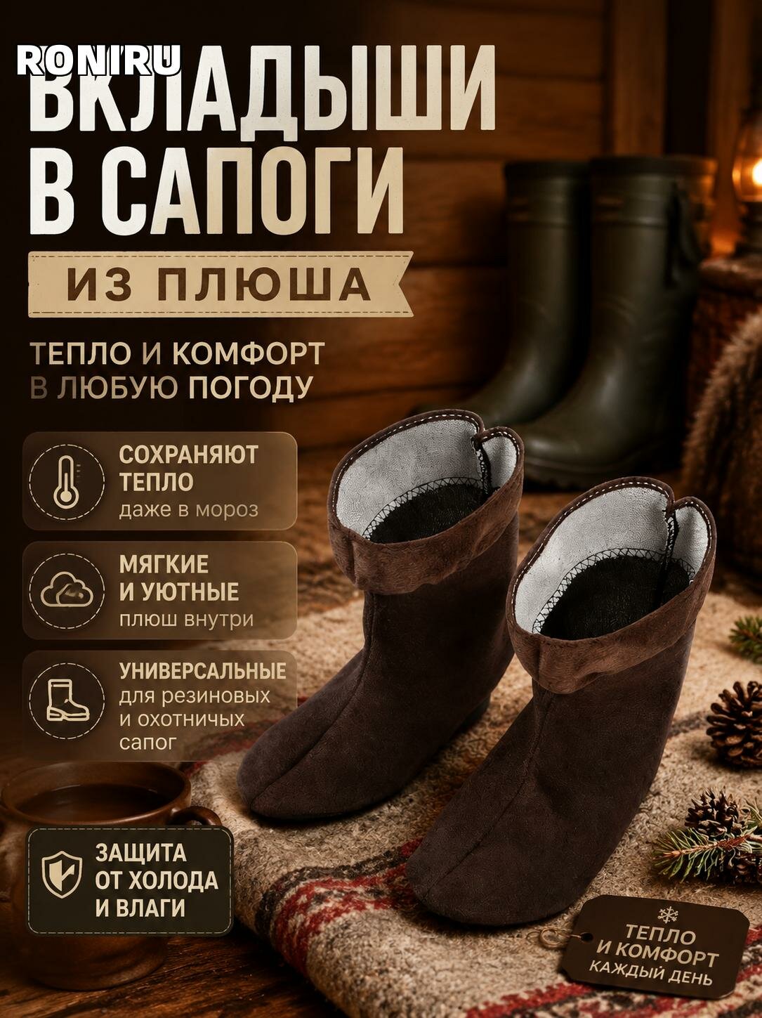 Вкладыши в сапоги из плюша, пара для тепла и комфорта в резиновых и охотничьих ботинках, черные
