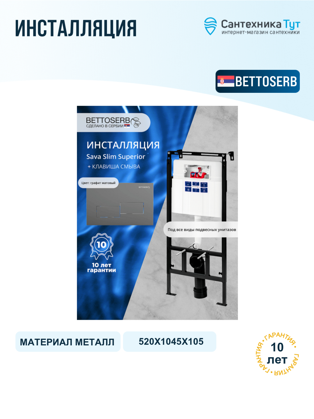 Инсталляция для унитаза Bettoserb Sava Fix Slim SET40006485 с бачком и кнопкой смыва графит
