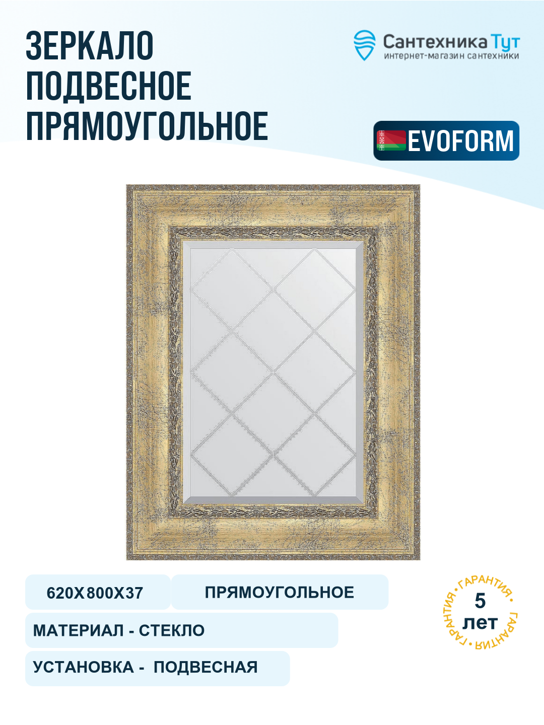Зеркало Evoform Exclusive-G 80х62 BY 4041 с гравировкой в багетной раме - Состаренное серебро с орнаментом 120 мм