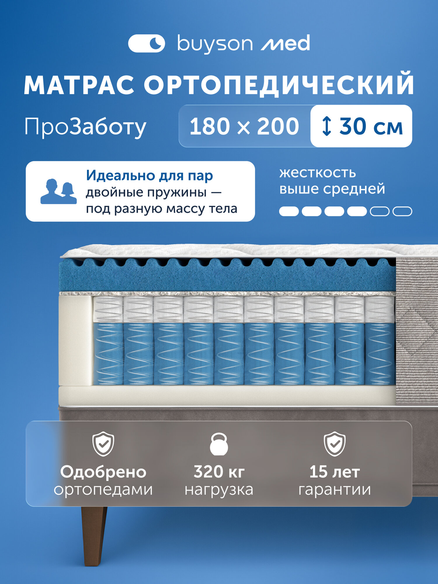 Ортопедический матрас buyson med ПроЗаботу 180x200 см, независимые пружины